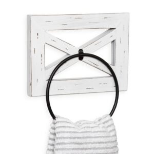 ilyapa rustic hand towel ring for bathroom- wall mounted bathroom hand towel holder - white wood & black metal ring, farmhouse decor