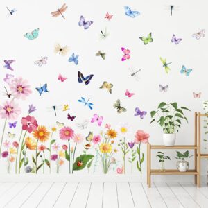 flowers butterflies wall decals chrysanthemums dragonflies rose botanical wall stickers fairy decals pvc removable wall art decals for girls bedroom nursery decor, 23.6 x 11.8 inch (cute style)