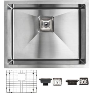 strictly sinks 23 inch undermount kitchen sink – silver single bowl 16 gauge stainless steel bar prep kitchen sink stain resistant – with 1 square disposal adapter, 1 strainer drain & bottom grid