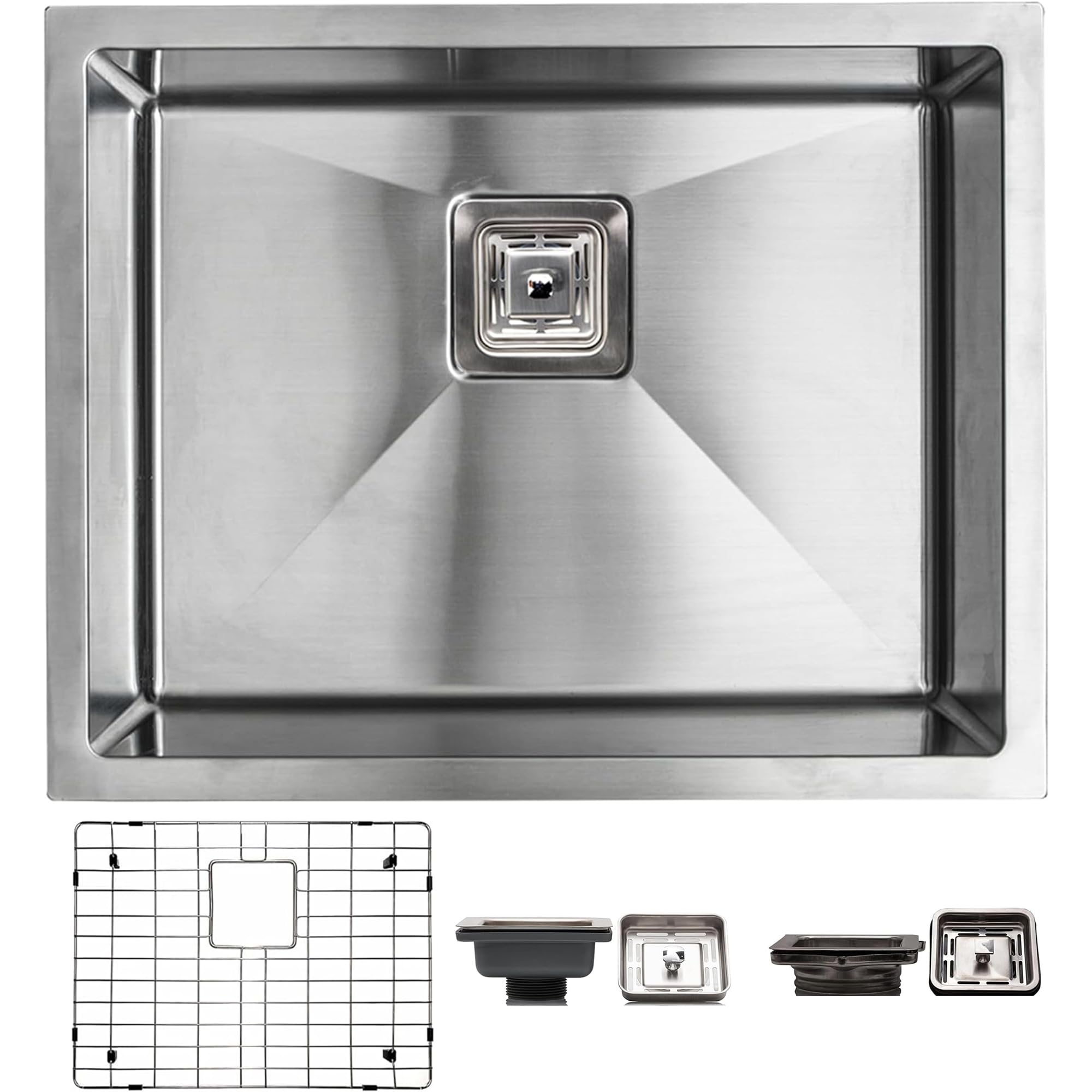 Strictly Sinks 23 Inch Undermount Kitchen Sink – Silver Single Bowl 16 Gauge Stainless Steel Bar Prep Kitchen Sink Stain Resistant – With 1 Square Disposal Adapter, 1 Strainer Drain & Bottom Grid