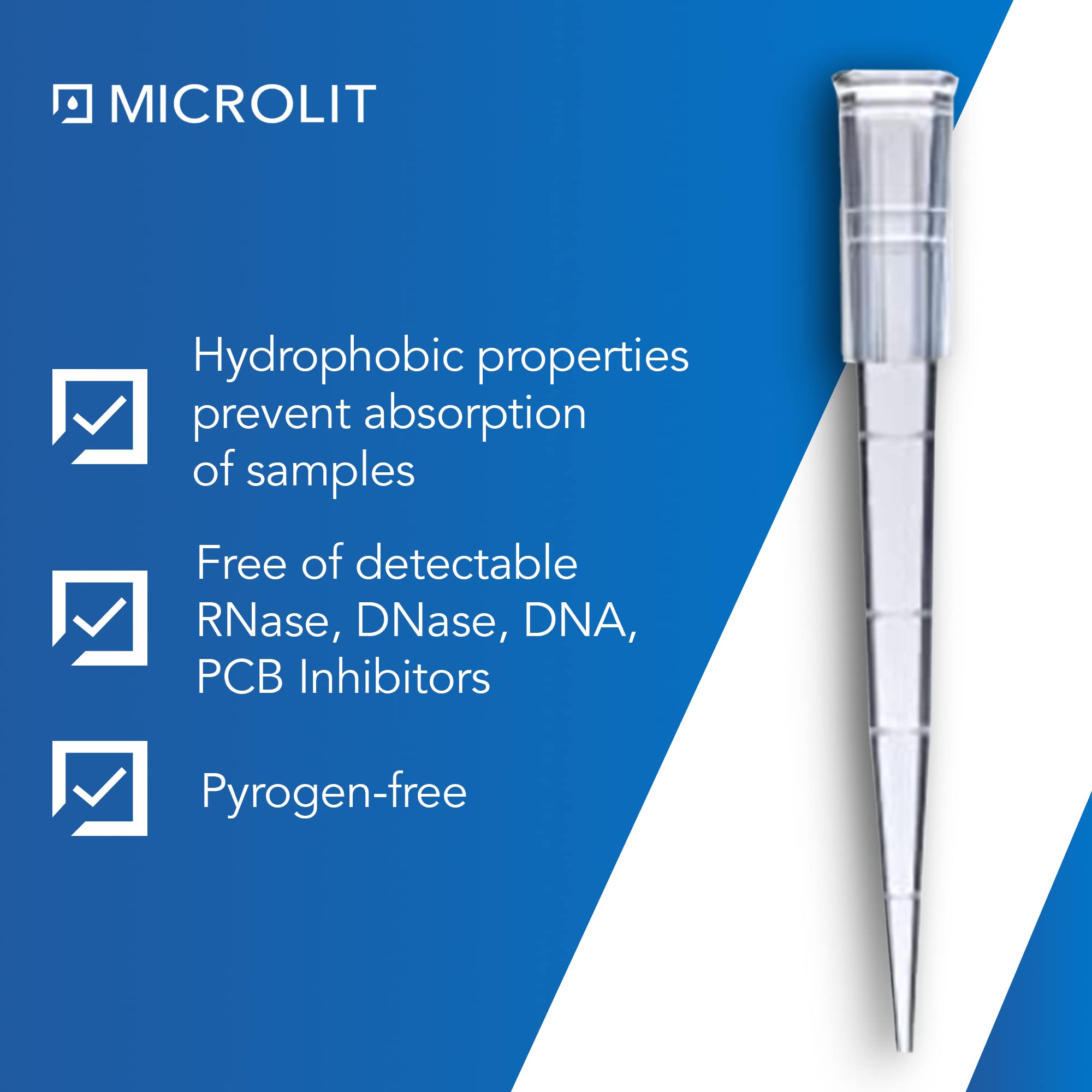 MICROLIT - Micropipette Pipette Tips, Low-Retention and Clean-Release Hydrophobic Transfer Pipettes, Universal Fit Nonpyrogenic 200 ul Plastic Pipette Tips, 960-Count, 1 Pack of 10 Racks