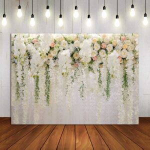 YQ 7x5ft White Rose Floral Photography Backdrops Bridal Shower Wedding Flowers Wall Decoration Photo Background Girl Woman Birthday Party Banner Baby Shower Cake Table Decor Studio Props Booth