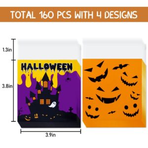 Eunvabir 160 PCS Halloween Cellophane Treat Bags, Halloween Self Adhesive Candy Goodie Cookie Snacks Gift Bags for Halloween Trick or Treat Party Favors/Classroom Prizes