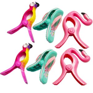 6 pieces beach towel clips, flip flop towel holders, flamingo chair clips, parrot clips, clothes pins in prefect size for pool loungers blanket