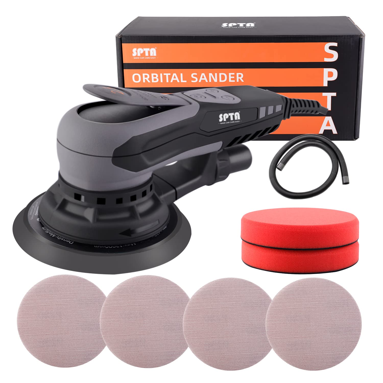 Electric Orbit Sander, SPTA 350W 150mm Random Orbit Sander, Variable Speed 4000-10000RPM, Digital Display Speed Controller, 5.0mm Orbit with Sandpapers