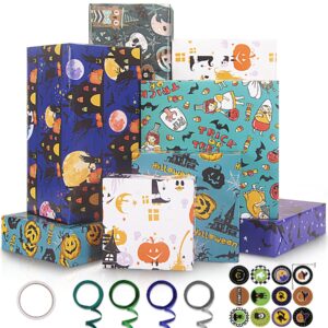 rancco halloween wrapping paper set, 6 sheets witch bat ghost pumpkin cat laser gift wrapping paper w/stickers and ribbon for halloween, party, birthday, holiday,19.6 inch x 27.5 inch per sheet