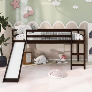 harper & bright designs kids low loft bed with slide, twin size wooden loft bed frame, espresso