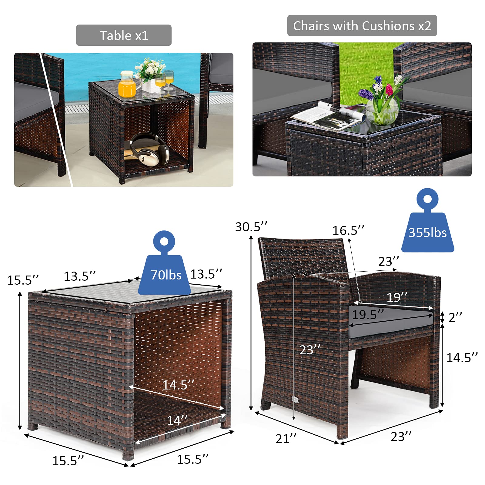 Tangkula 3-Piece Outdoor PE Rattan Furniture Set, Patio Conversation Set w/Chair & Storage Coffee Table, Detachable Cushion, Stable X-Shaped Frame, Perfect for Garden, Backyard, Poolside (Grey)