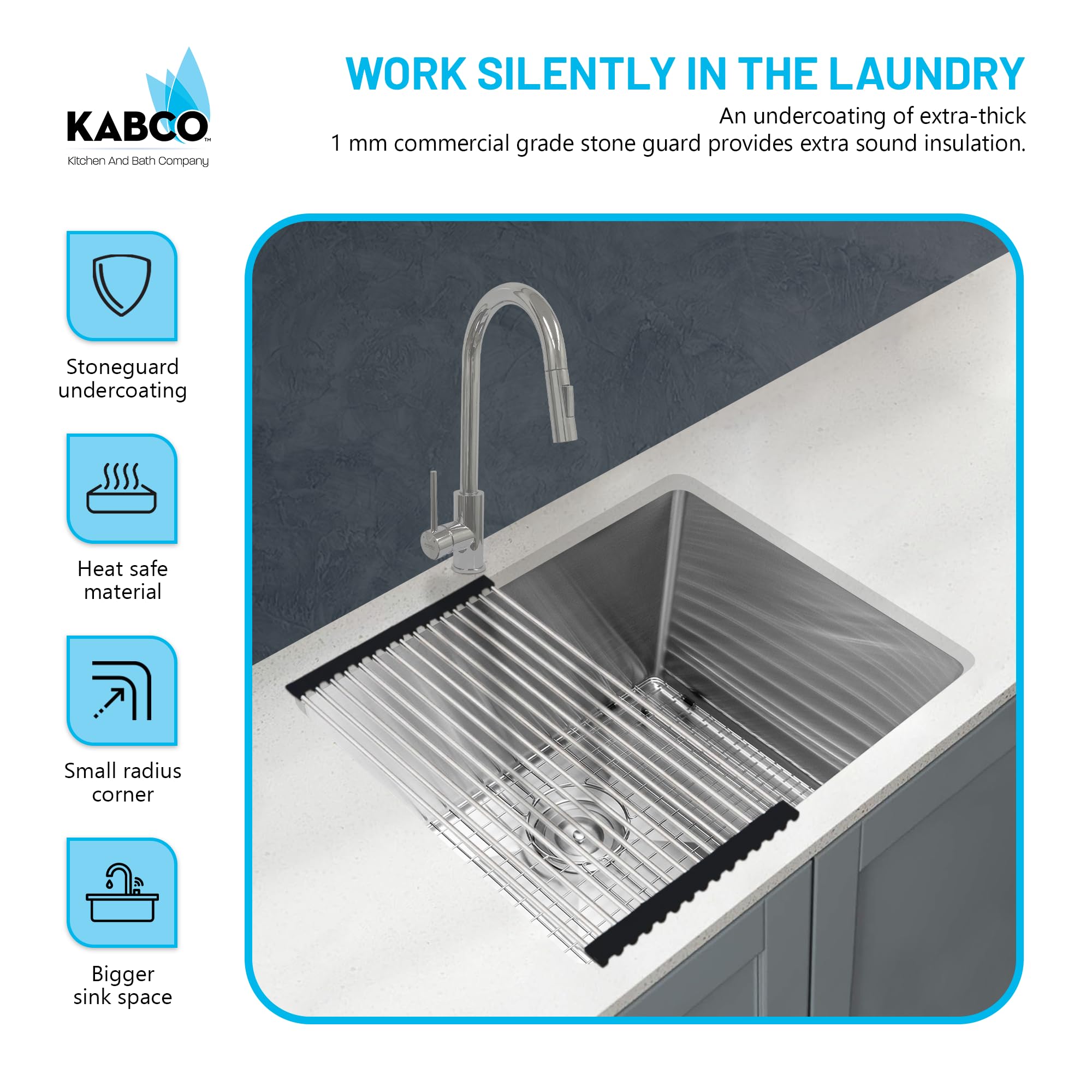 KABCO KLA23SSGR 18 Gauge Top-Undermount Drop In Laundry Utility Sink 23-Inch Stainless Steel Single Bowl with Strainer kit, Top Rolling Sink Rack & Bottom Sink Grid 4PC Combo Package- 23x18x12 Inch