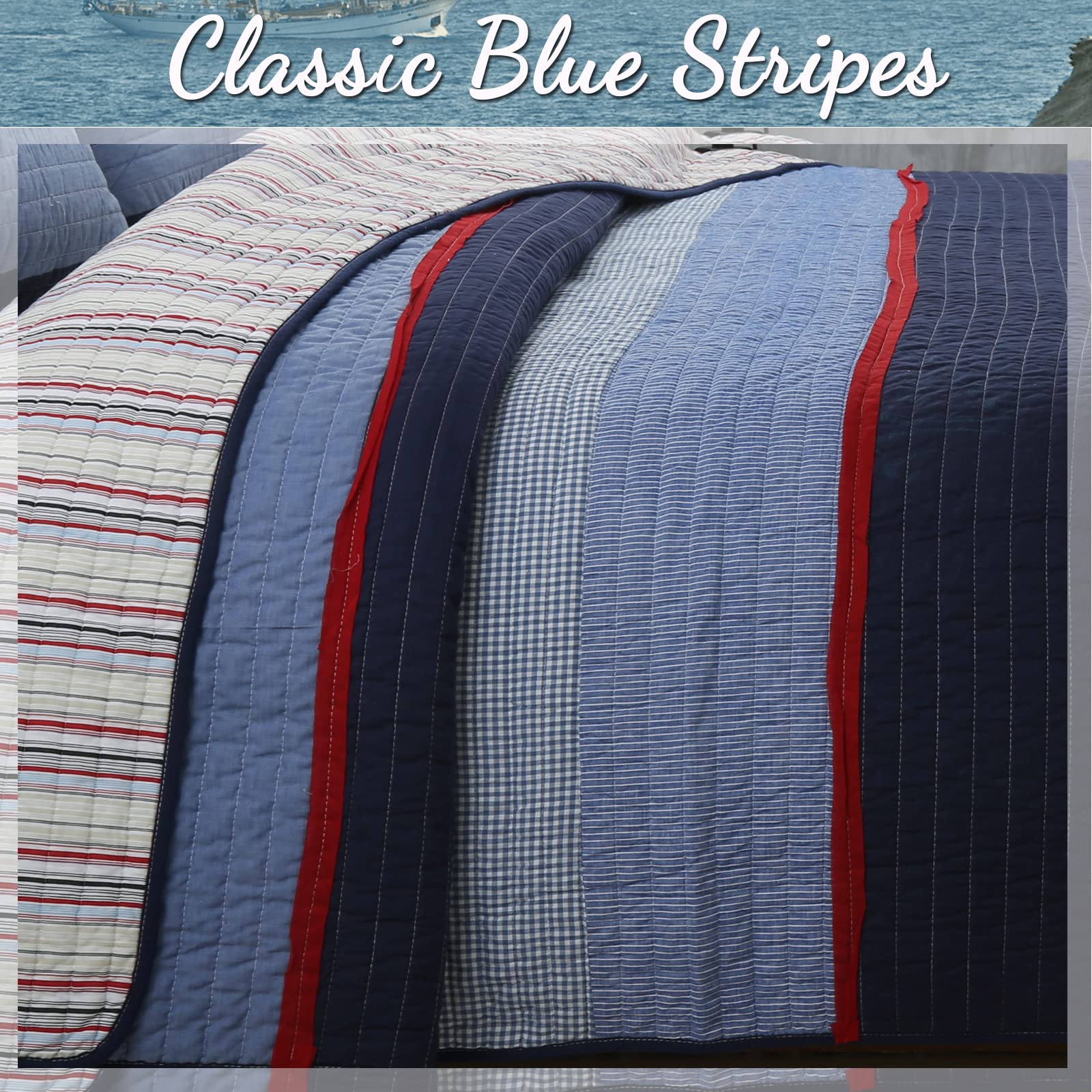 Cozy Line Home Fashions Navy Blue Red Striped Boy 100% Cotton Reversible Quilt Bedding Set, Coverlet, Bedspread (Harlan, Queen - 3 Piece)