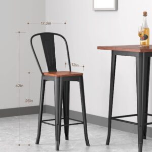 Aiho Bar Stools 30” Dining Chairs Outdoor Patio Bistro Set of 2 Metal Height Bar Stools with Wood Seat and Removable Backrest, Gloss Black