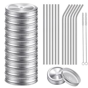 26 pcs regular mouth mason jar lids with straw hole - 70mm canning lids drinking jar lids tinplate jar lids silver canning jar caps with silicone ring/straws/cleaning brush for drinking food storage