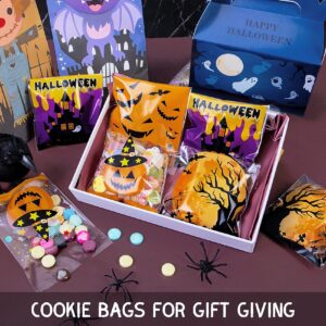 Eunvabir 160 PCS Halloween Cellophane Treat Bags, Halloween Self Adhesive Candy Goodie Cookie Snacks Gift Bags for Halloween Trick or Treat Party Favors/Classroom Prizes