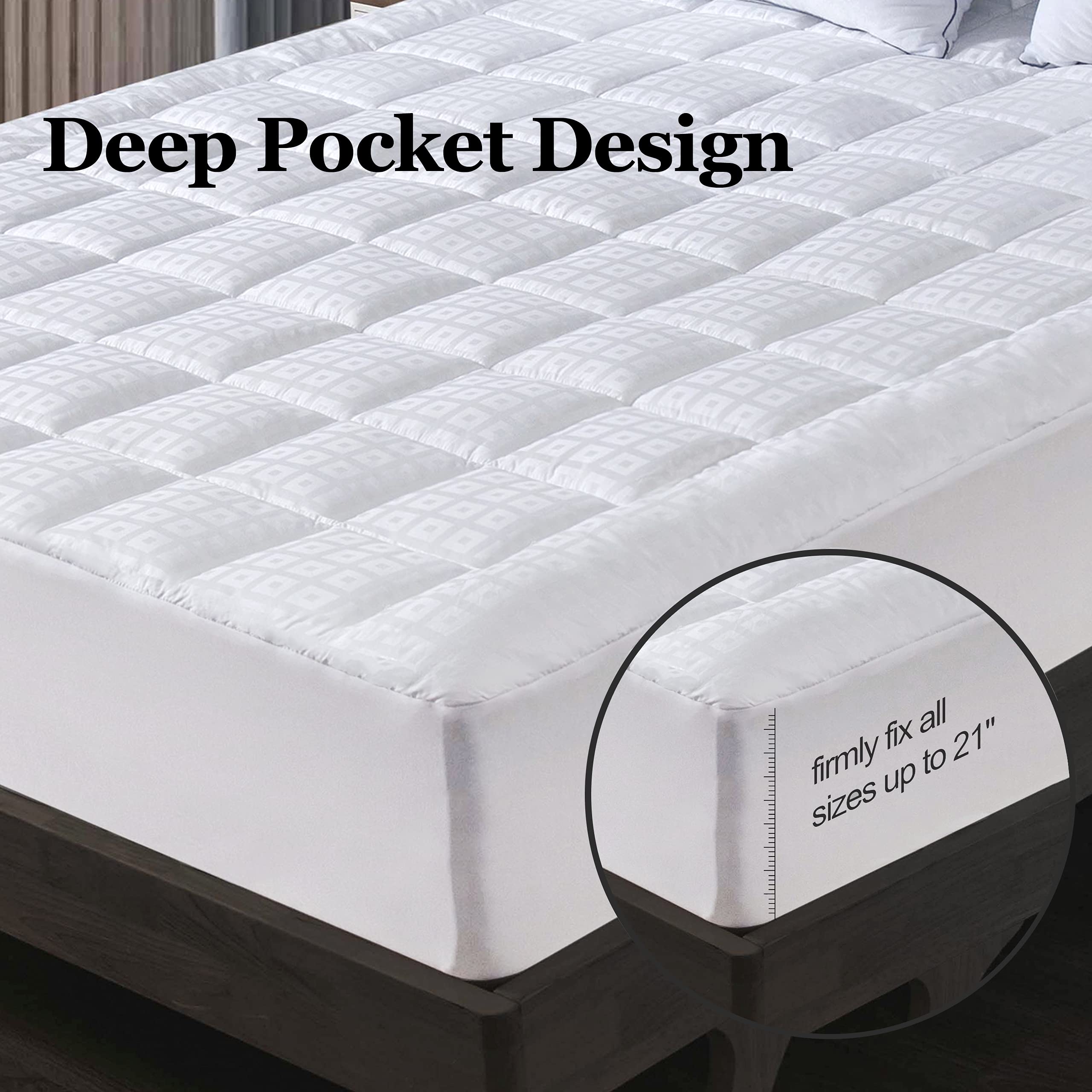 Mattress Pad Cover Full Size Cooling Mattress Topper Pillow Top Cotton Upper Layer with Polyester Fill Quilted Fitted Mattress Protector 8"-21" Deep Pocket White