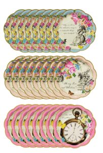 talking tables pack of 24 alice in wonderland themed disposable paper plates | supplies for mad hatter tea party, birthday, baby shower, mother's day,pink, 7"