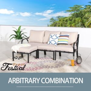 Festival Depot Patio Ottoman Metal Footstool with Thick Cushion Small Seat All Weather Outdoor Furniture for Porch Deck Garden (Beige)