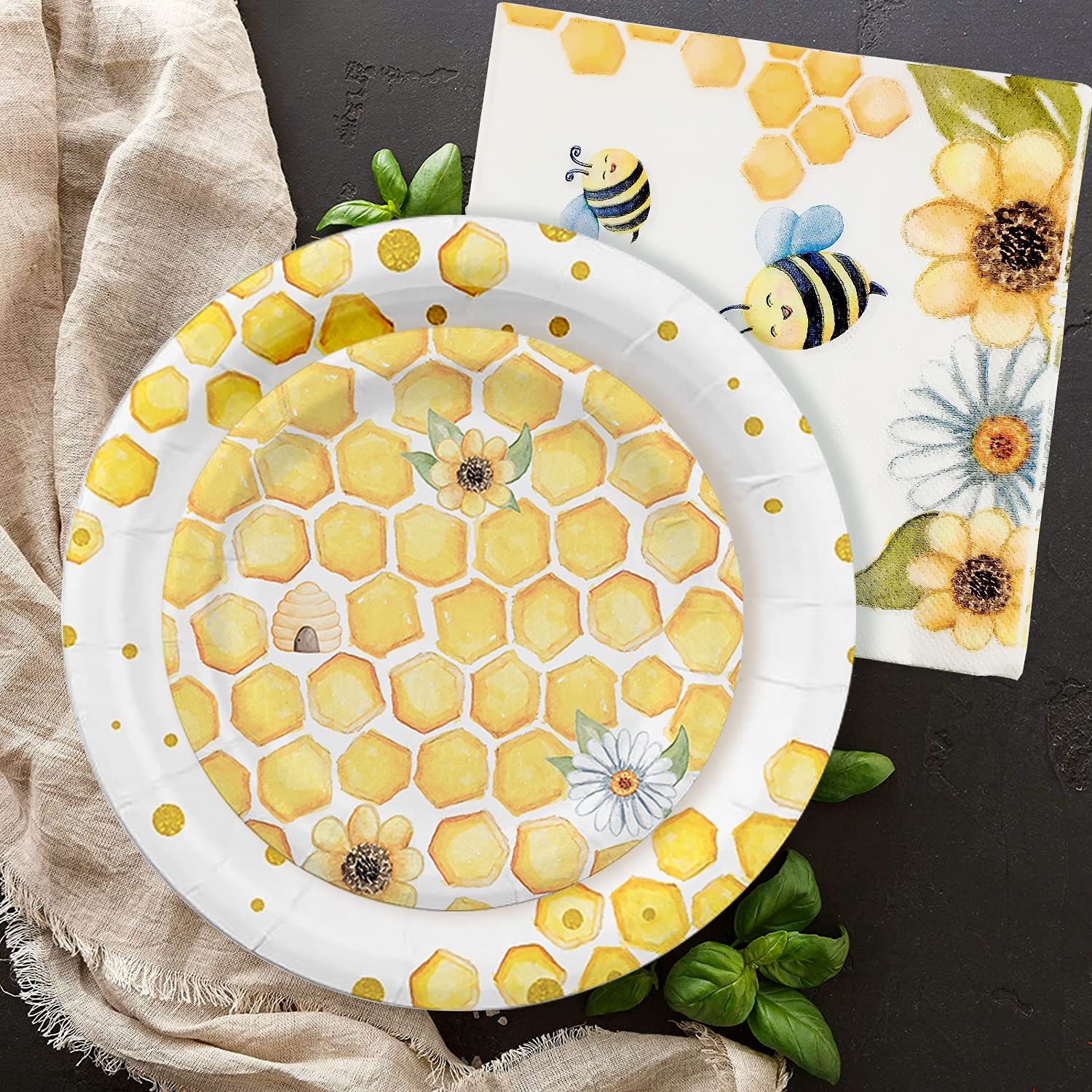 PYCALOW Bee Tableware Party Decorations - Bumble Bee Themed Party Supplies Include Plates, Cup, Napkin, Cutlery, Tablecloth, Straws, Bee Gender Reveal Baby Shower Birthday Party Decorations | Serve 24