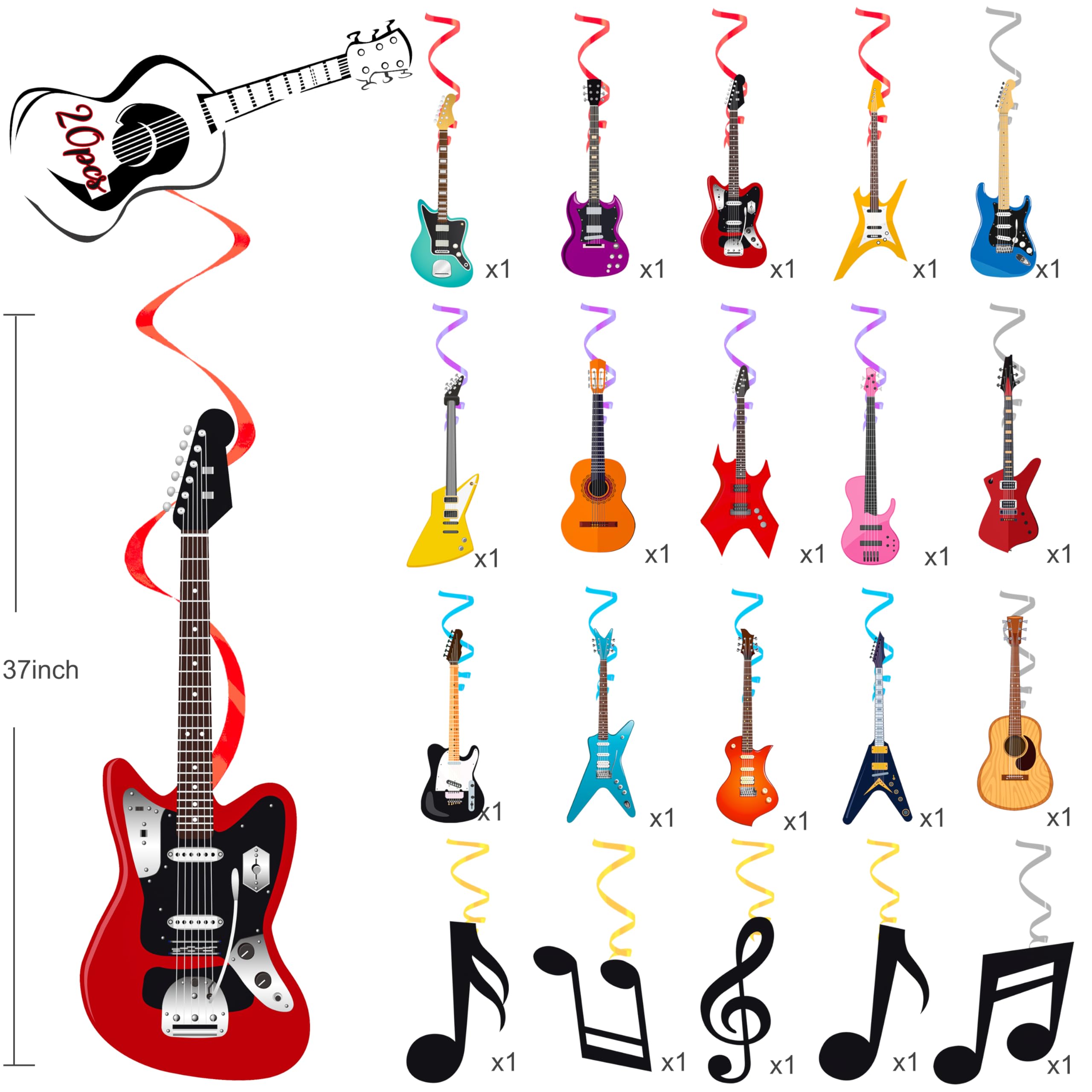 20PCS Guitar Party Hanging Swirls Decorations for Guitar Theme Birthday Party Hanging Booth Props Musical Instrument Hanging Swirls for Music Note Baby Shower Supplies