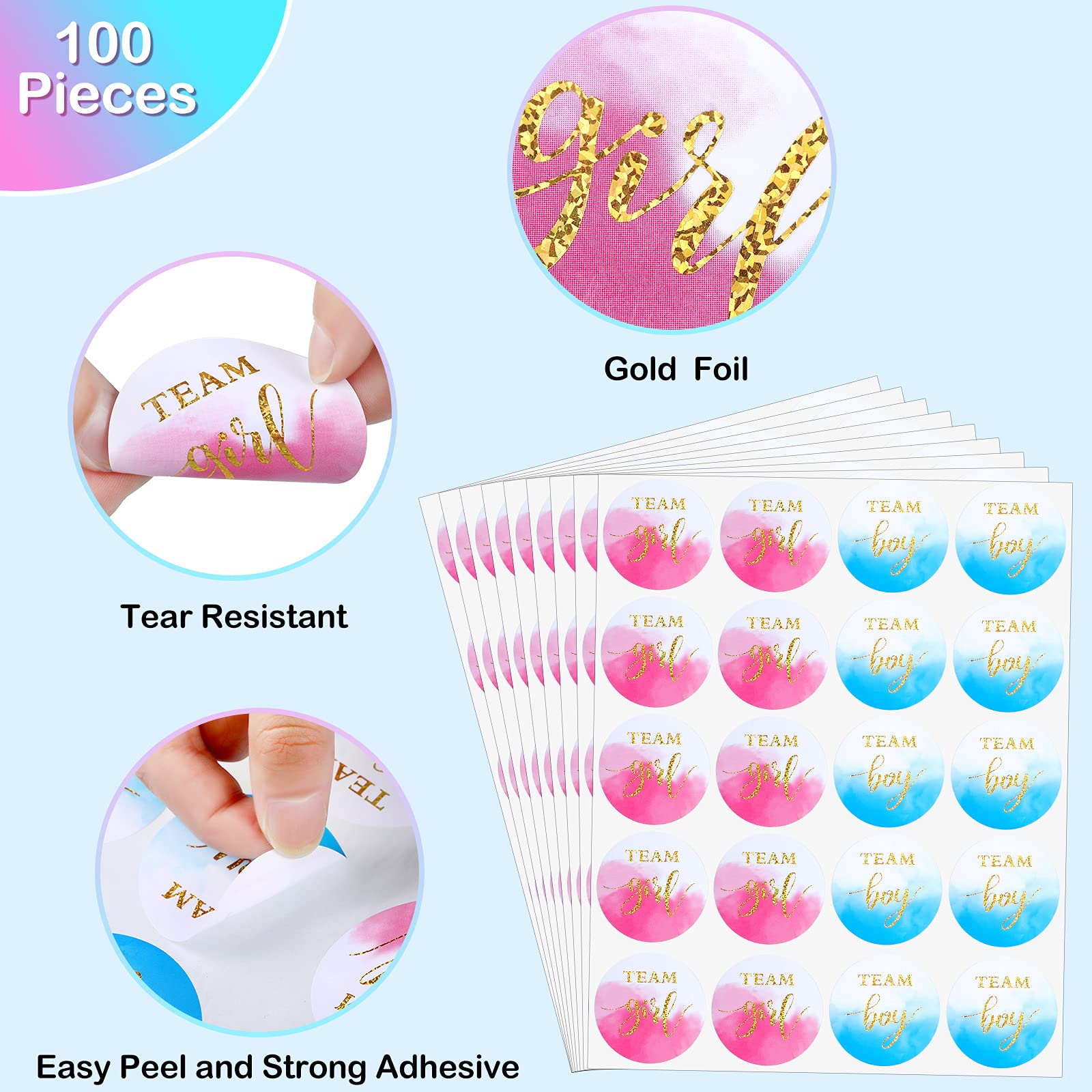 Lincia 100 Pieces Gold Watercolor Gender Reveal Stickers 2 Inches Gold Glitter Team Boy Team Girl Labels Pink and Blue Stickers for Gender Reveal Parties, Baby Showers, Party Invitations