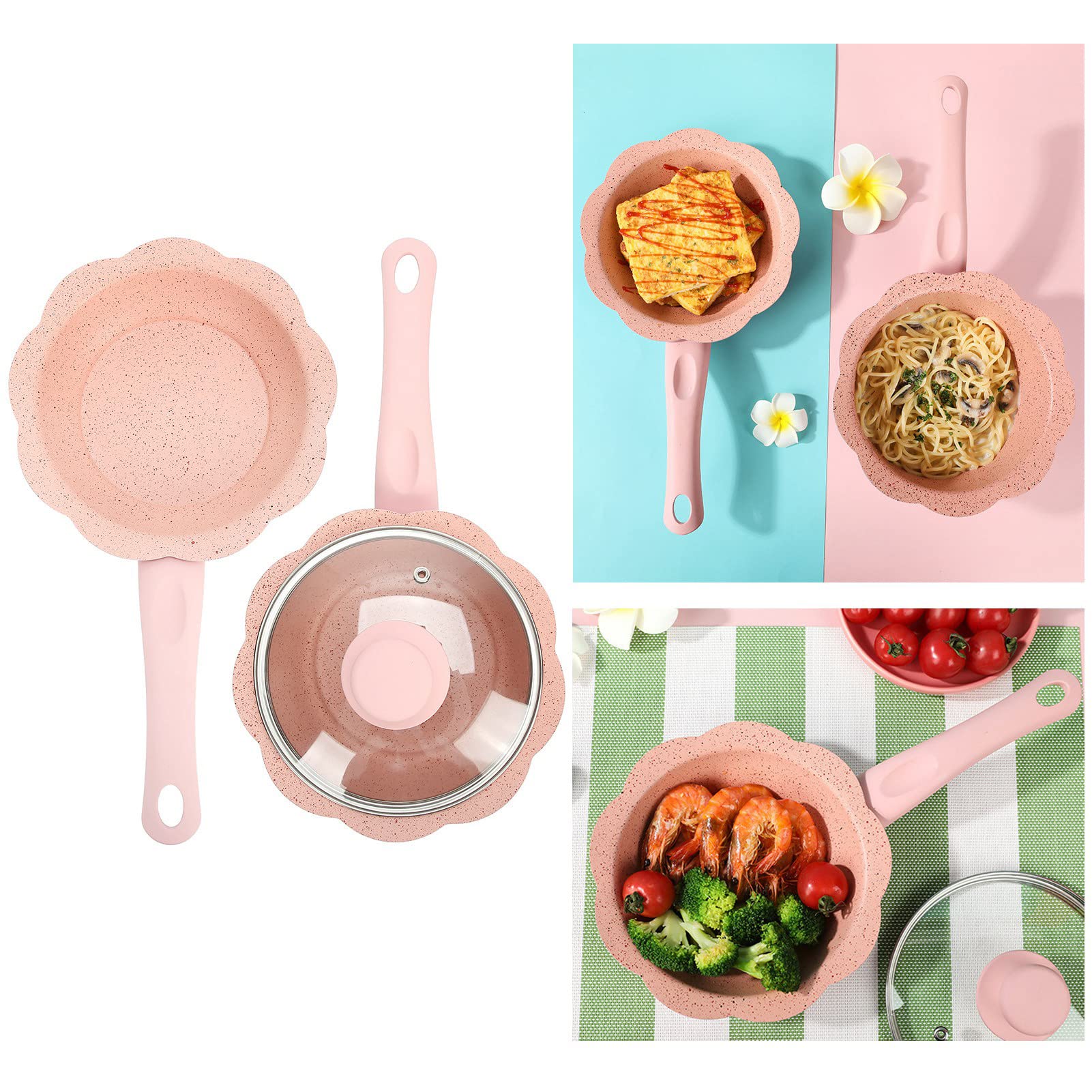 Alvinlite Non-Stick Sauce Pan, Mini Pink Frying Pot Baby Milk Pan Multifunction Cookware Set with Transparent Lid for Kitchen