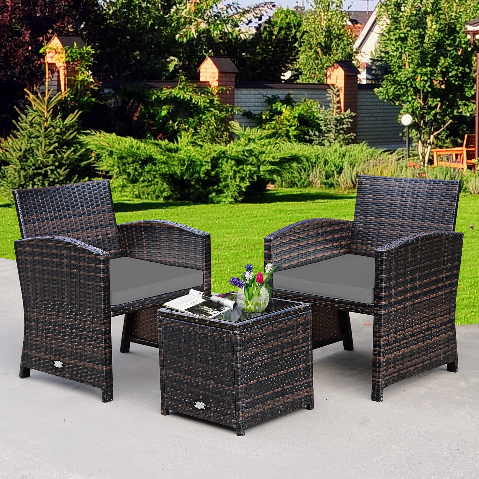 Tangkula 3-Piece Outdoor PE Rattan Furniture Set, Patio Conversation Set w/Chair & Storage Coffee Table, Detachable Cushion, Stable X-Shaped Frame, Perfect for Garden, Backyard, Poolside (Grey)