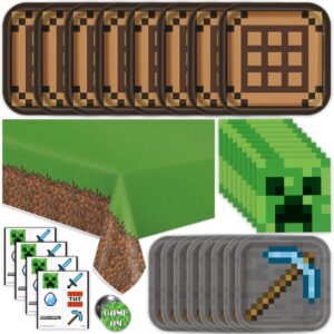 minecraft party supplies, minecraft birthday party supplies for boys or girls - serves 16 guests - with table cover, plates and more