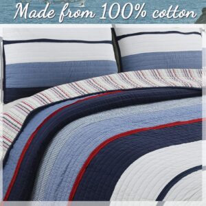 Cozy Line Home Fashions Navy Blue Red Striped Boy 100% Cotton Reversible Quilt Bedding Set, Coverlet, Bedspread (Harlan, Queen - 3 Piece)