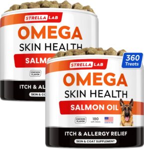 strellalab omega 3 for dogs - (360ct) fish oil treats - allergy & itch relief skin&coat supplement - dry itchy skin, shedding, hot spots treatment, anti itch - pet salmon oil chews - chicken flavor