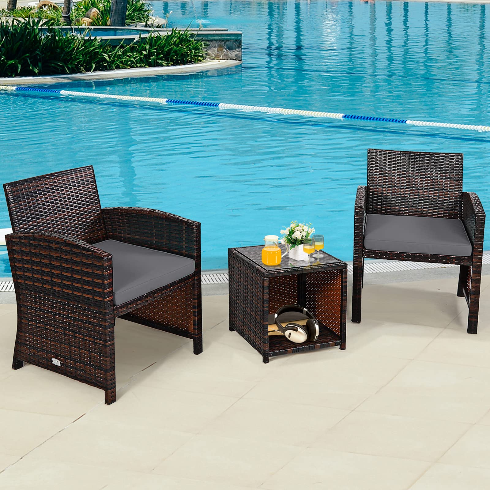 Tangkula 3-Piece Outdoor PE Rattan Furniture Set, Patio Conversation Set w/Chair & Storage Coffee Table, Detachable Cushion, Stable X-Shaped Frame, Perfect for Garden, Backyard, Poolside (Grey)