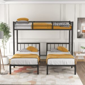 harper & bright designs twin over twin bunk beds for 3, metal triple bunk bed with guardrails for kids, teens, boys, girls (black)