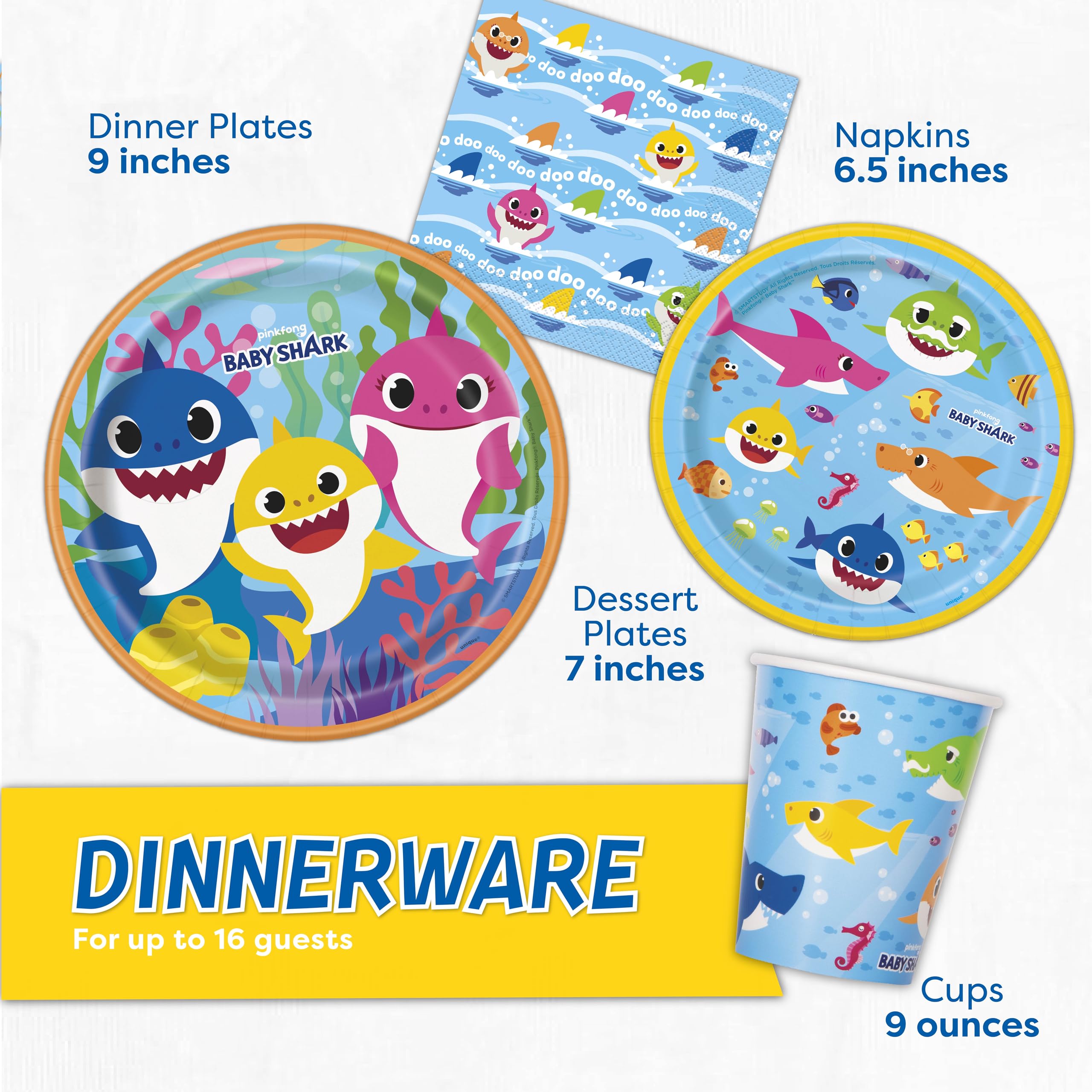 Baby Shark Birthday Decorations Set | Baby Shark Party Supplies | For Boys and Girls | With Banner, Tablecloth Table Cover, Dinner Plates, Cake Plates, Cups, Napkins, Sticker | Serves 16 Guests