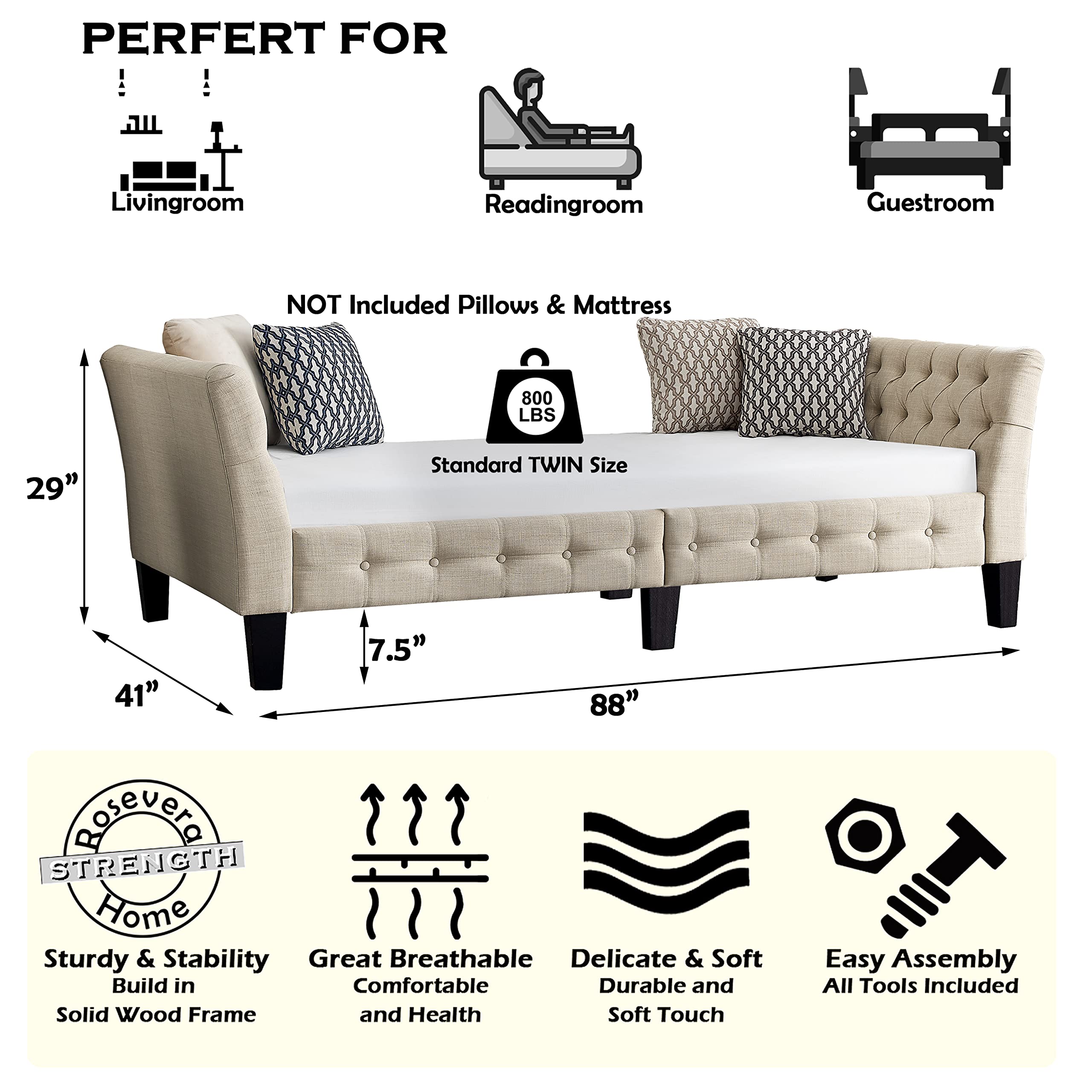 Rosevera Roche Upholstered D11 Button Tufted Fine Polyester Easy aseemble with Wooden Legs Twin Size Daybed Sleeper Couch for Living Room Bedroom, Beige