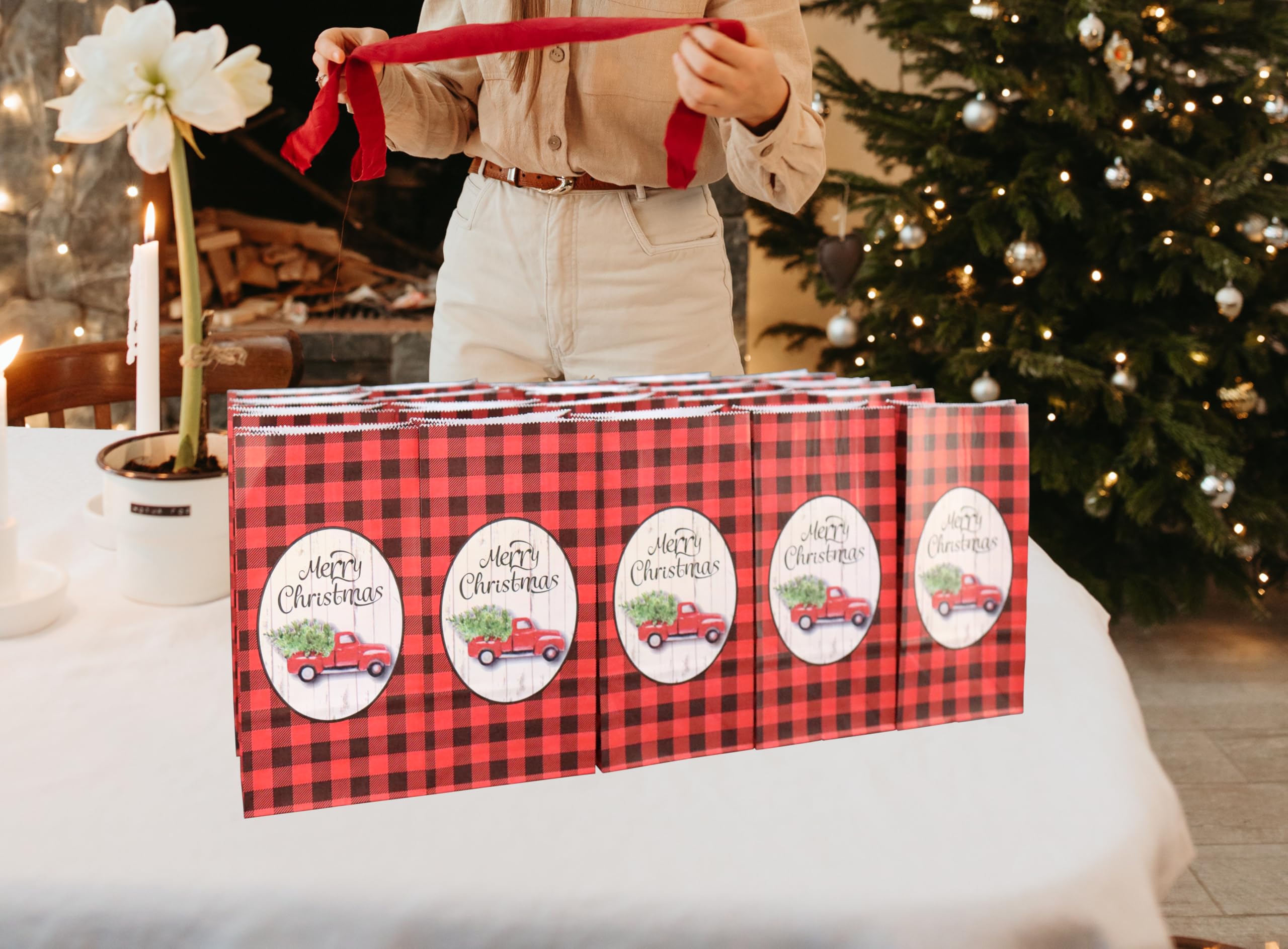 Iconikal Buffalo Plaid with Red Truck Paper Treat Bags, Red, 40-Count Set