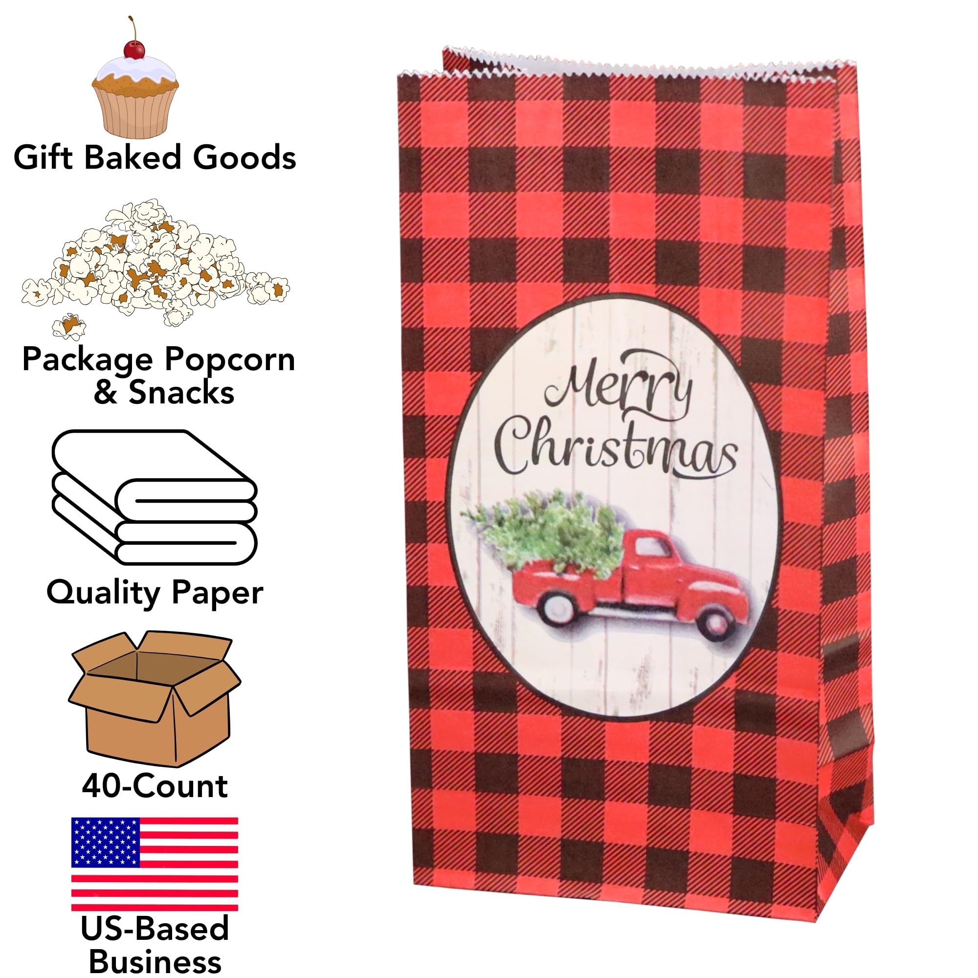 Iconikal Buffalo Plaid with Red Truck Paper Treat Bags, Red, 40-Count Set