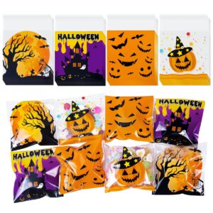 eunvabir 160 pcs halloween cellophane treat bags, halloween self adhesive candy goodie cookie snacks gift bags for halloween trick or treat party favors/classroom prizes