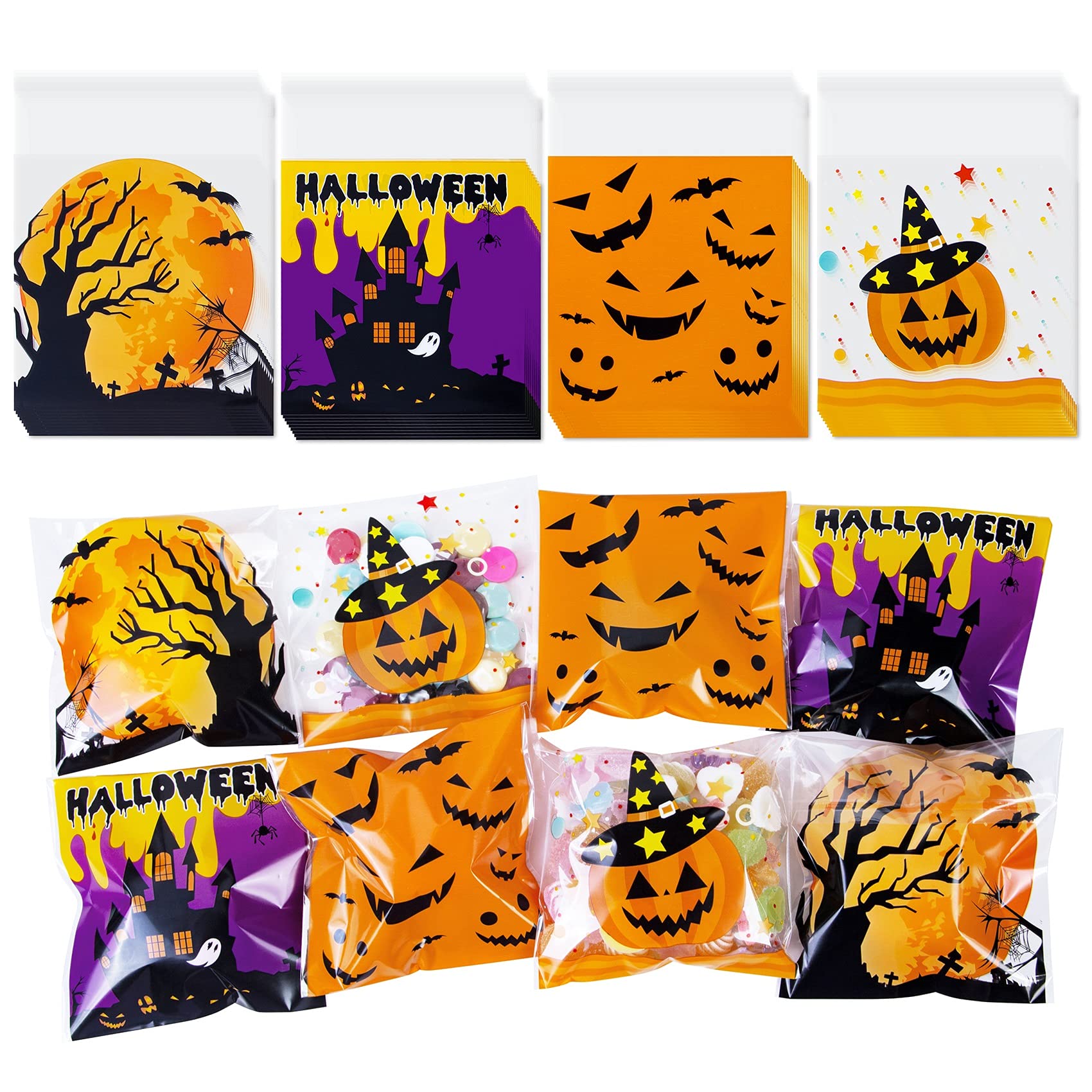 Eunvabir 160 PCS Halloween Cellophane Treat Bags, Halloween Self Adhesive Candy Goodie Cookie Snacks Gift Bags for Halloween Trick or Treat Party Favors/Classroom Prizes