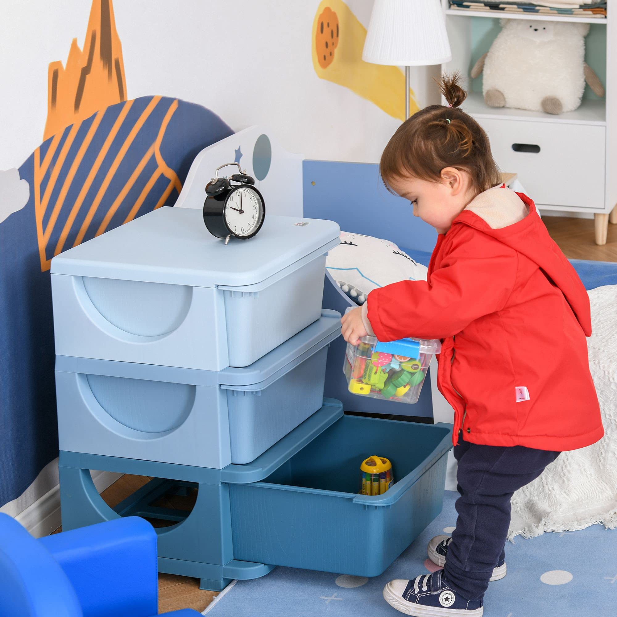 Qaba 3 Tier Kids Storage Unit, 3 Drawer Chest Toy Organizer Plastic Bins for Kids Bedroom Nursery Kindergarten Living Room for Boys Girls Toddlers, Blue