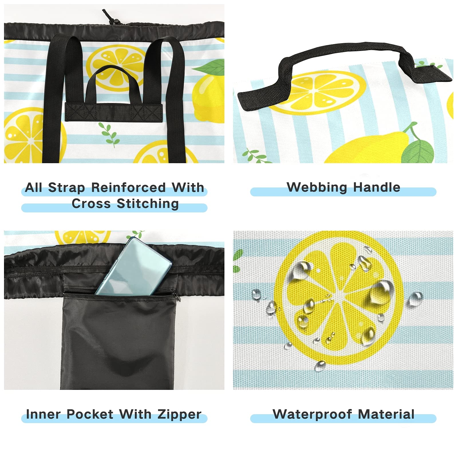 Striped Lemon Laundry Backback Large Heavy Duty Laundry Bag with Shoulder Straps Waterproof Laundry bag for Traveling Camp Dirty Clothes Organizer for College Students