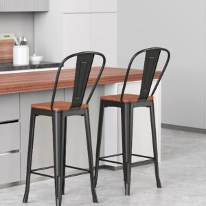 Aiho Bar Stools 30” Dining Chairs Outdoor Patio Bistro Set of 2 Metal Height Bar Stools with Wood Seat and Removable Backrest, Gloss Black