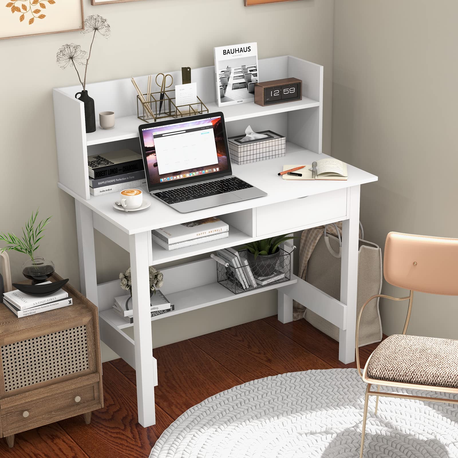 Tangkula White Desk with Hutch, Home Office Writing Study Desk with Storage Bookshelf & Drawer, Modern Makeup Vanity Desk for Bedroom, PC Laptop Desk Computer Desk for Working Studying