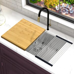 kabco 28 inch single bowl stainless steel handmade kitchen sink with sink strainer, sink grid, a rolling up grid, and bamboo cutting board, rust resistant sound, and heatproof 16 gauge undermount sink