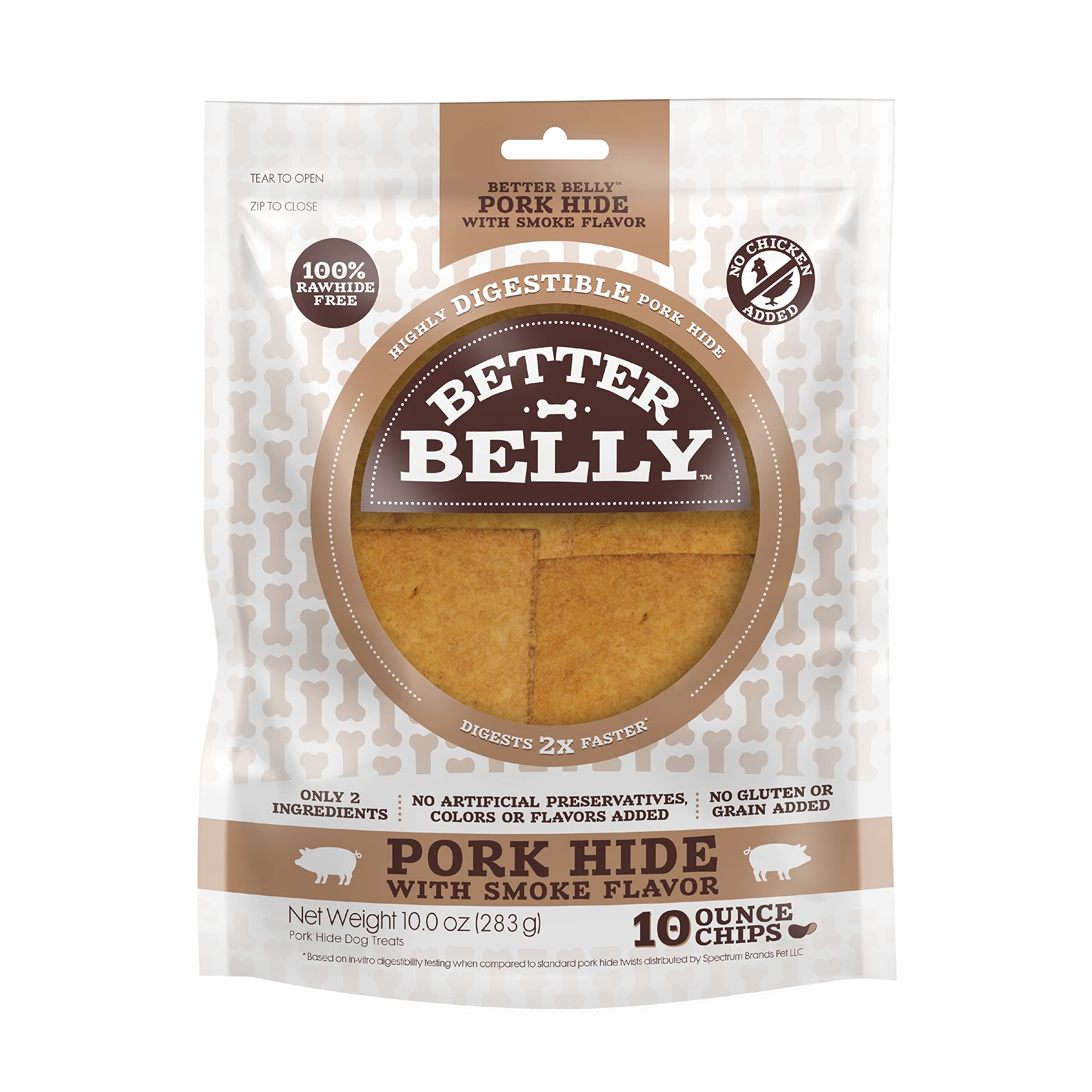 Better Belly Pork Hide Chips with Smoke Flavor, Digestible Pork Hide for Dogs (1 CASE of 12 Individual Packs of 10.0 OZ), (P-94450-1)