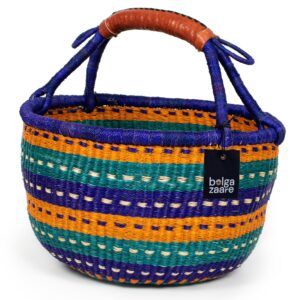 bolga zaare market basket, handmade in ghana africa by women artisans (colorful, large) (16"-18" diameter x 9"-10" h) (1 basket)