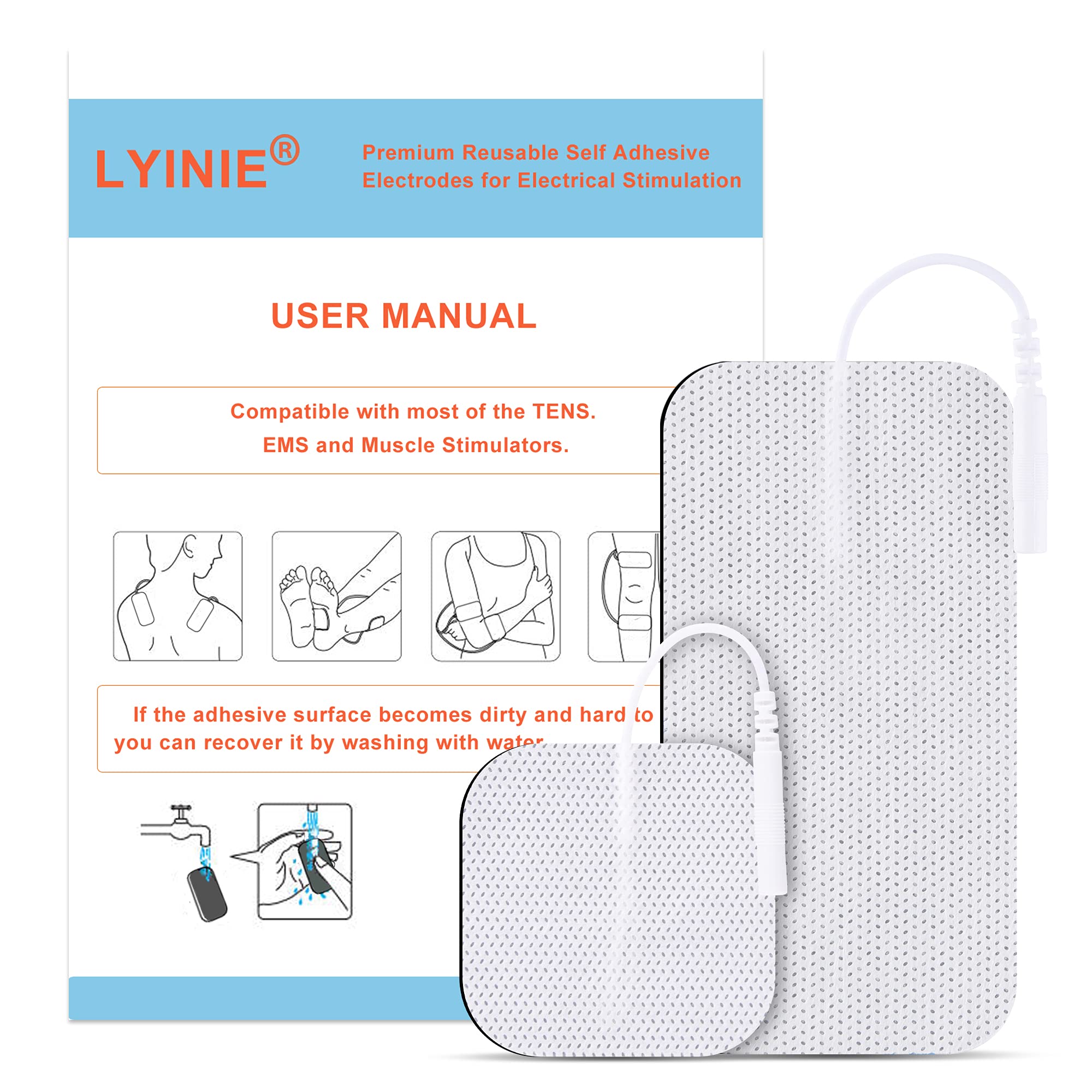 LYINIE TENS Unit Pads 32Pcs, 3rd Gen Reusable Latex-Free Replacement Pads Electrode Pads with Upgraded Self-Stick Performance for Muscle Stimulator Electrotherapy (2"x2" 16pcs, 2"x4" 16pcs)