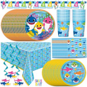 baby shark birthday decorations set | baby shark party supplies | for boys and girls | with banner, tablecloth table cover, dinner plates, cake plates, cups, napkins, sticker | serves 16 guests