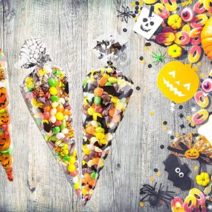 Halloween Bags for Candy 150Pc Cellophane Cone Treat Bags with Twist Tie (Bat Spider Web Pumpkin Candy Cone Bags)