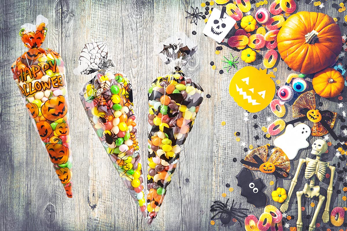 Halloween Bags for Candy 150Pc Cellophane Cone Treat Bags with Twist Tie (Bat Spider Web Pumpkin Candy Cone Bags)