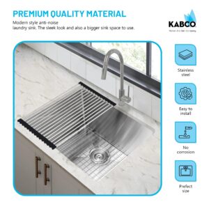 KABCO KLA23SSGR 18 Gauge Top-Undermount Drop In Laundry Utility Sink 23-Inch Stainless Steel Single Bowl with Strainer kit, Top Rolling Sink Rack & Bottom Sink Grid 4PC Combo Package- 23x18x12 Inch