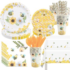 pycalow bee tableware party decorations - bumble bee themed party supplies include plates, cup, napkin, cutlery, tablecloth, straws, bee gender reveal baby shower birthday party decorations | serve 24