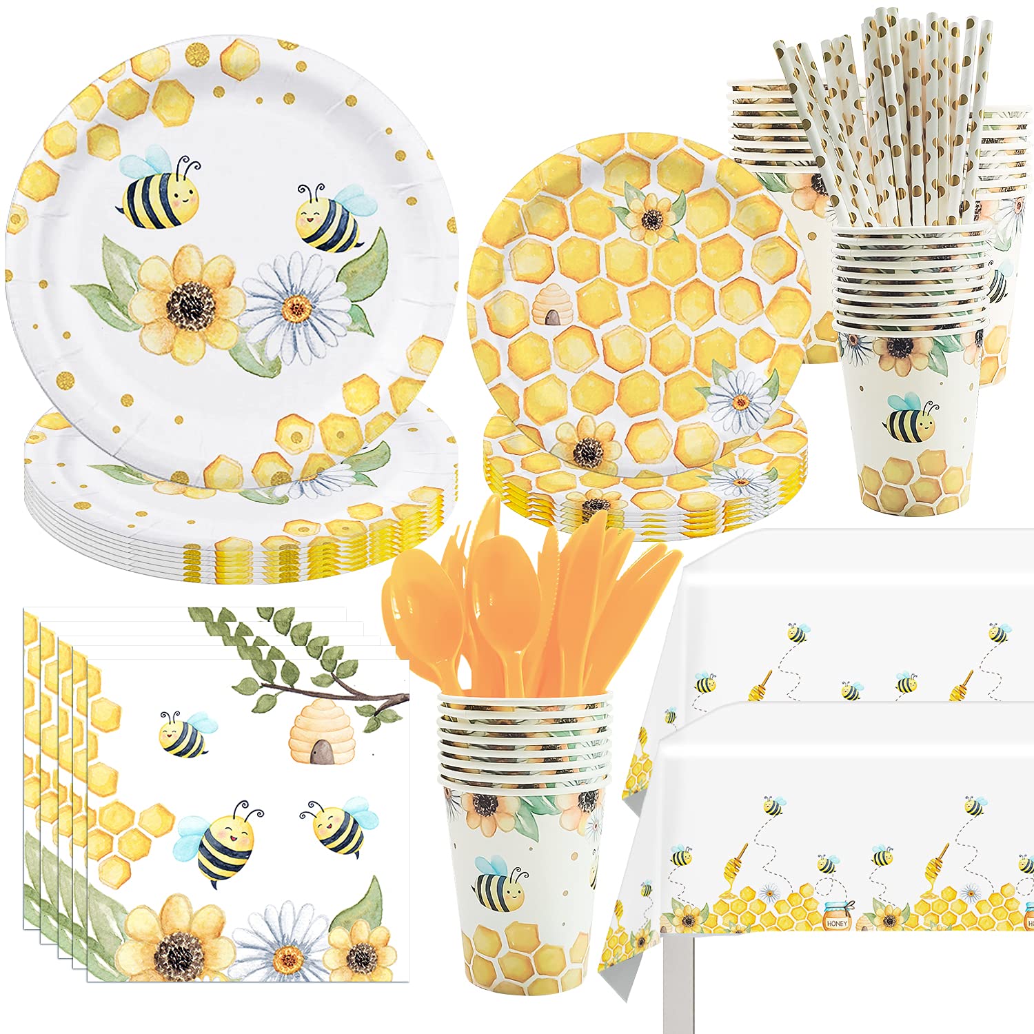 PYCALOW Bee Tableware Party Decorations - Bumble Bee Themed Party Supplies Include Plates, Cup, Napkin, Cutlery, Tablecloth, Straws, Bee Gender Reveal Baby Shower Birthday Party Decorations | Serve 24